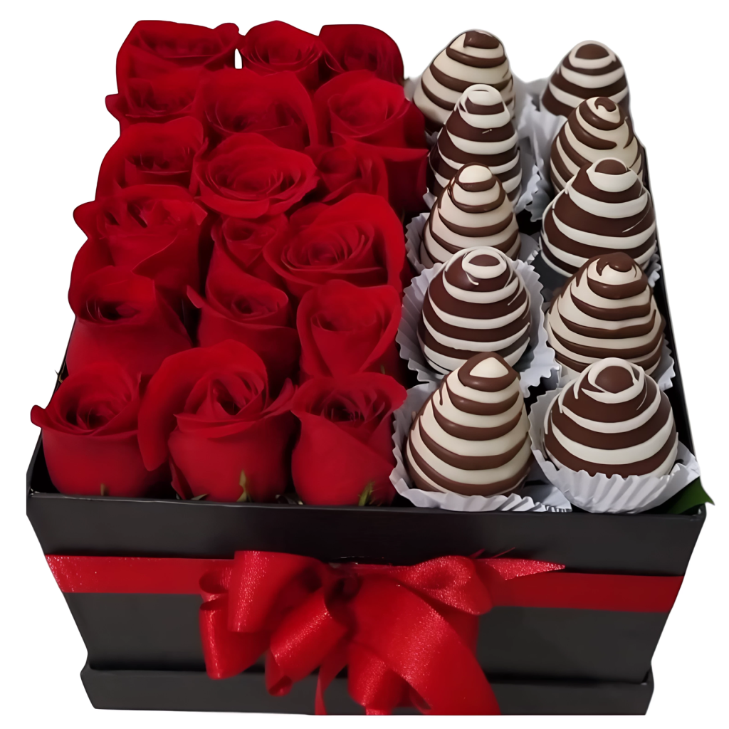 Caja tapizada de rosas y fresas - Flores Yafra